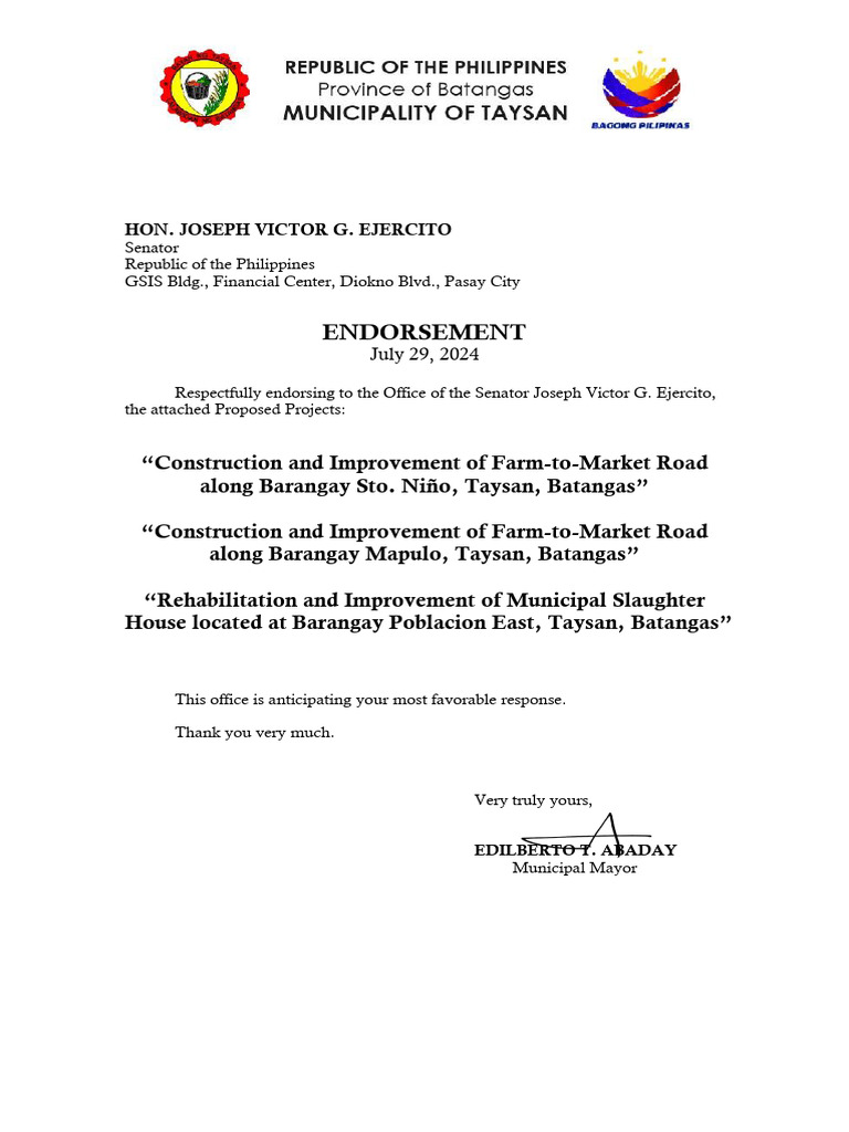 Endorsement Letter To Sen. JV Ejercito - FMR & Slaughter House | PDF
