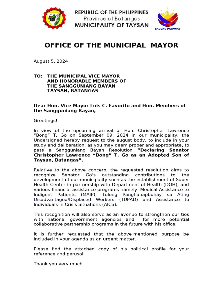Endorsement Letter To SB - Sen. Bong Go As Adopted Son of Taysan | PDF ...
