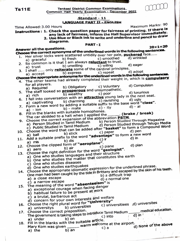 11th English Half Yearly Exam 2022 Original Question Paper Thenkasi ...