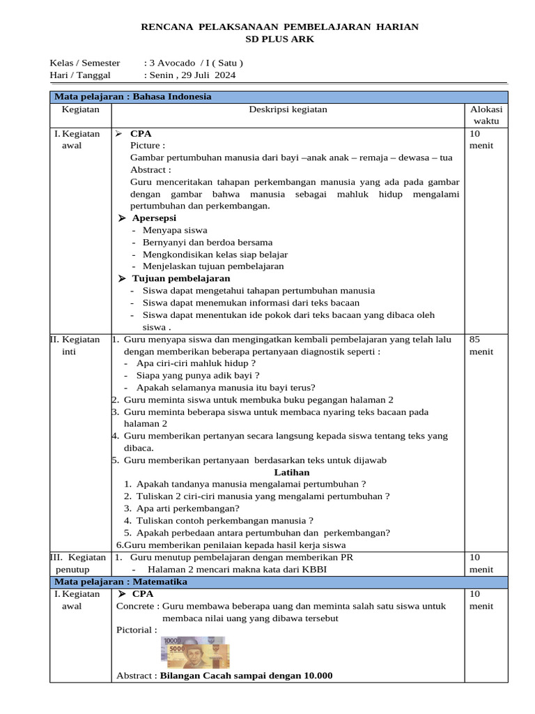 RPPH Kelas 3 Avocado 29 - 3 Agustus 2024 | PDF