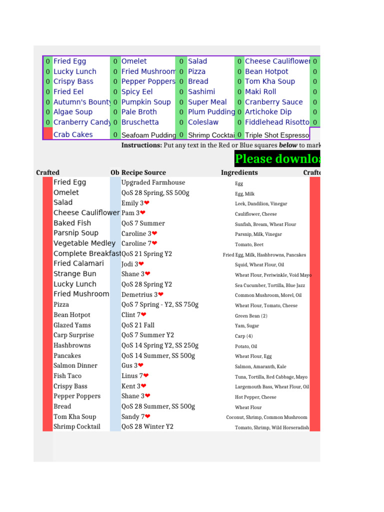 (Empty) Stardew Valley Cooking Collection Checklist | PDF | Pancake | Soup