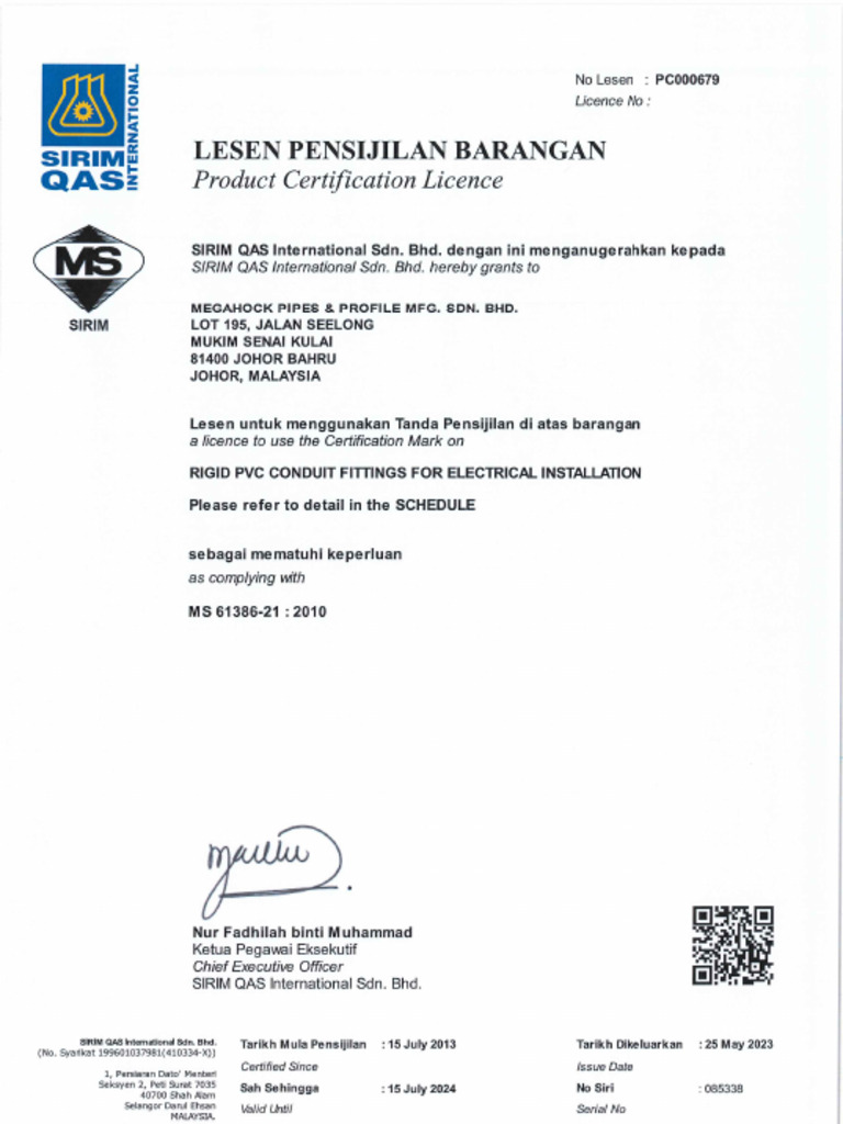 Megahock Foton Upvc Conduit Fitting Sirim Cert | PDF