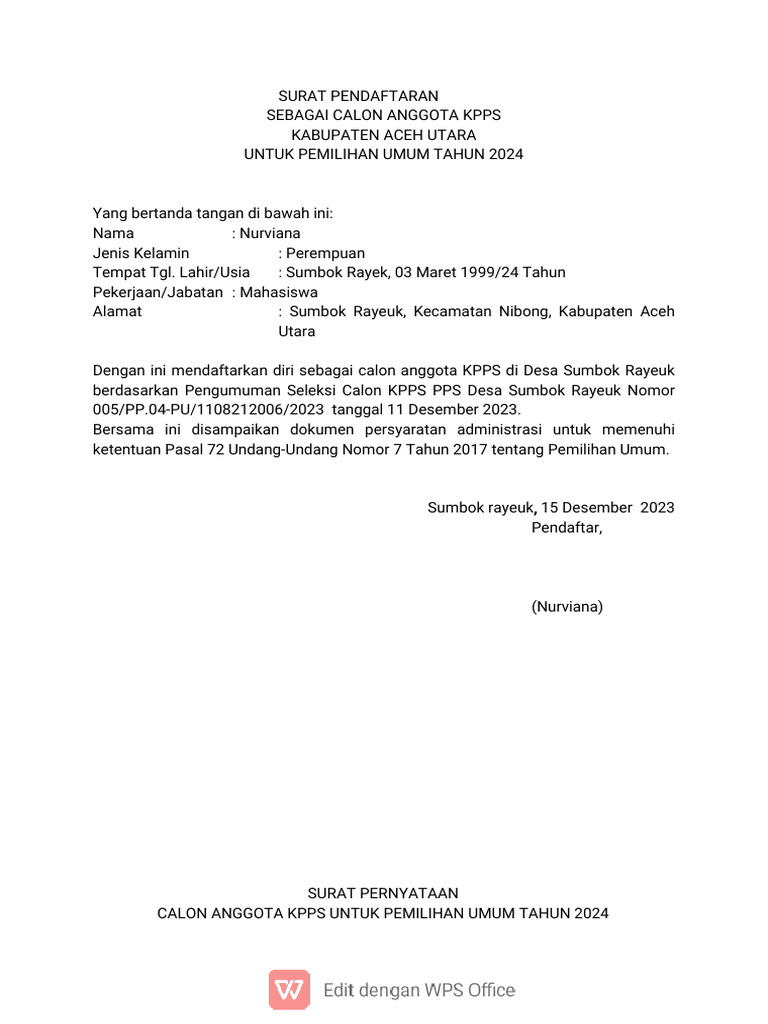 KK FORM PENDAFTARAN, PERNYATAAN DAN DRH CALON KPPS | PDF | Olahraga & Rekreasi