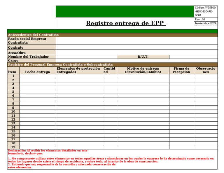 Registro Entrega EPP Contratista | PDF