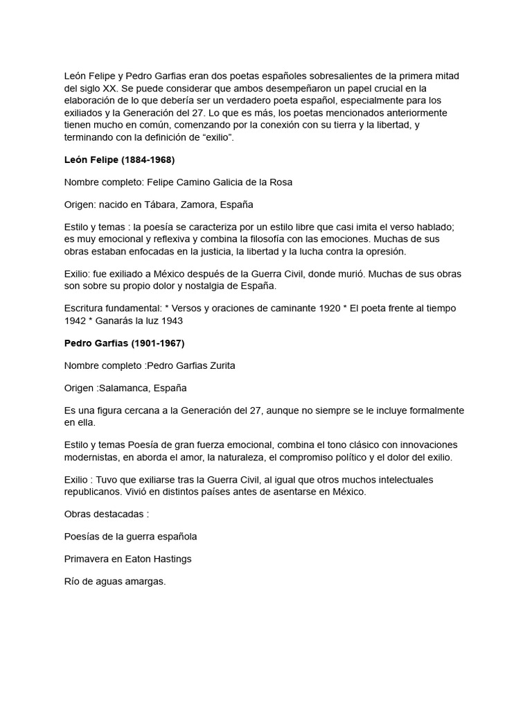 Poetas españoles del exilio: León Felipe y Garfias | PDF