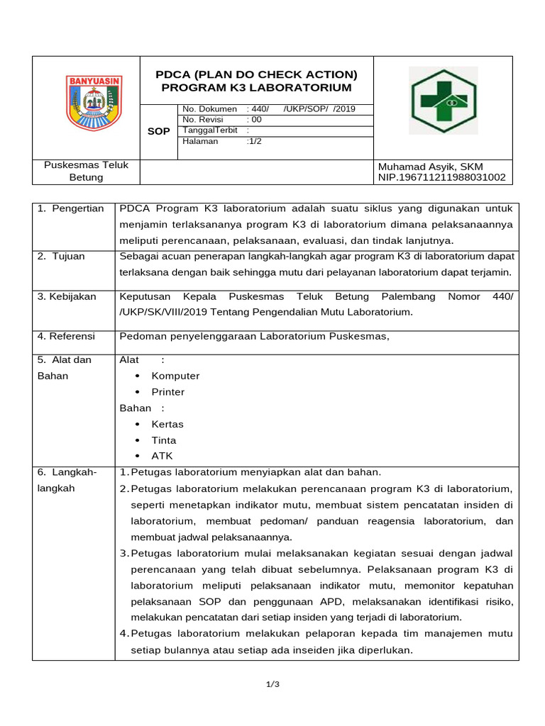PDCA K3 Laboratorium Puskesmas | PDF