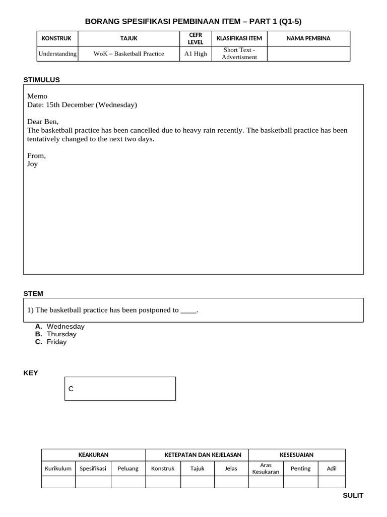 Contoh Penghasilan Item Soalan T5 Bi 1 | PDF