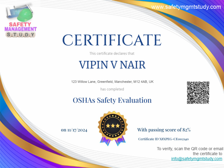 Certificate For VIPIN V NAIR For - OSHAs Safety Evaluation | PDF