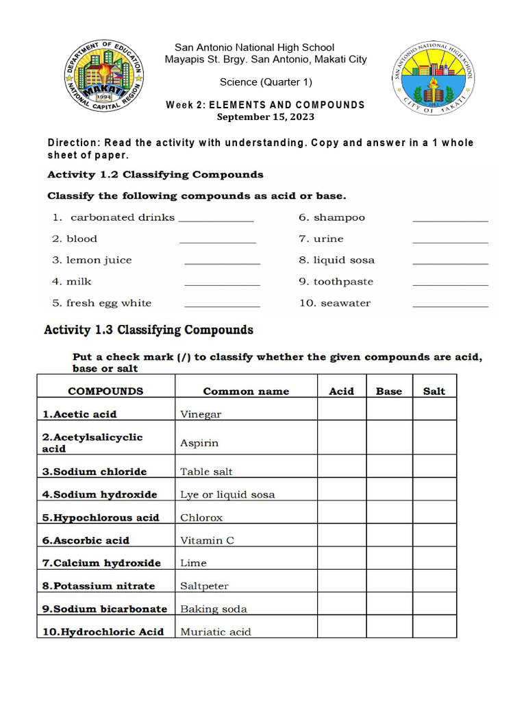 Acids Bases and Salts Activity Sheet | PDF | Social Science
