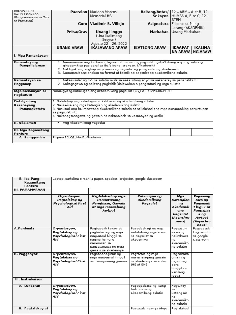 DLL - PilingLarangan (AKAD) - Villejo - Week1 | PDF