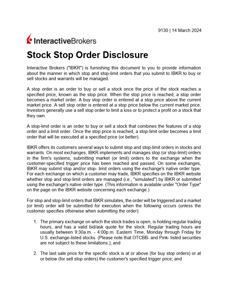 Stock Stop Order Disclosure | PDF | Order (Exchange) | Stocks
