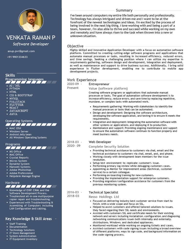 Venkata Raman P: Software Developer Profile | PDF | Computer Network ...