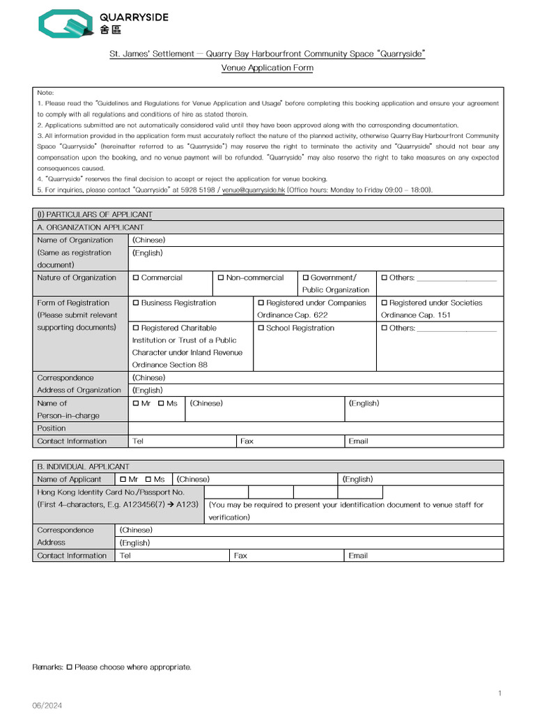 Quarryside Venue Application Form | PDF
