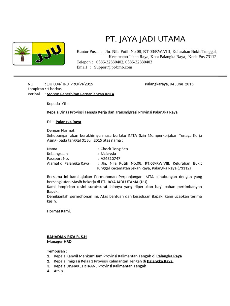 Surat Perpanjangan IMTA JJU - 04 CHOCK TONG SEN | PDF