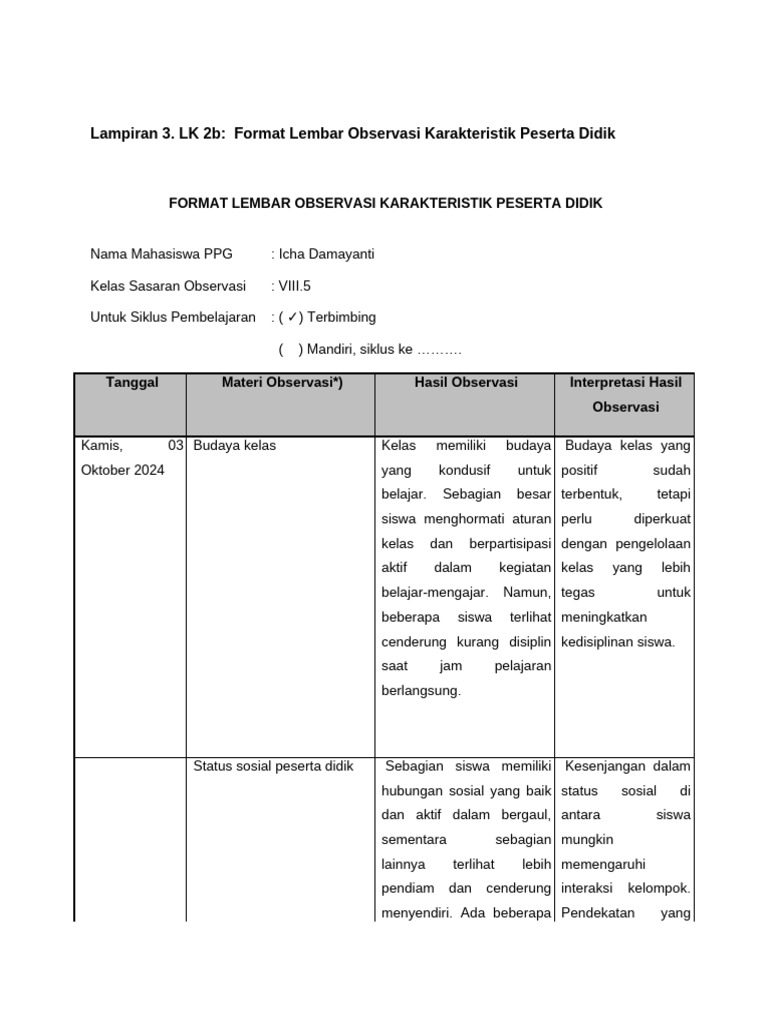 Icha Lampiran 3. LK 2b Format Lembar Observasi Karakteristik Peserta Didik | PDF