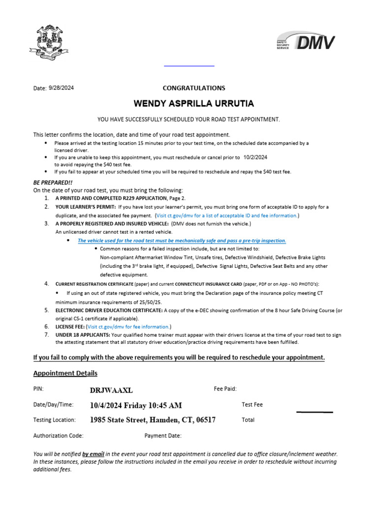 CT DMV Road Test r229 | PDF | Driver's License | Department Of Motor ...