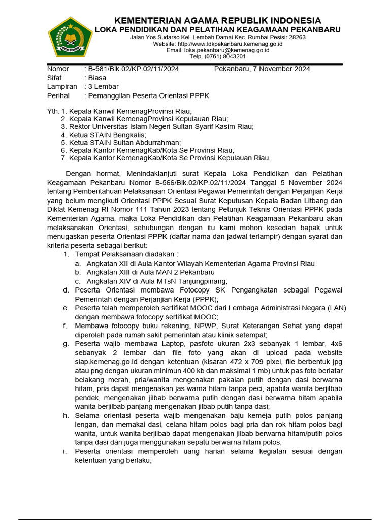 Pemanggilan Peserta Orientasi PPPK | PDF