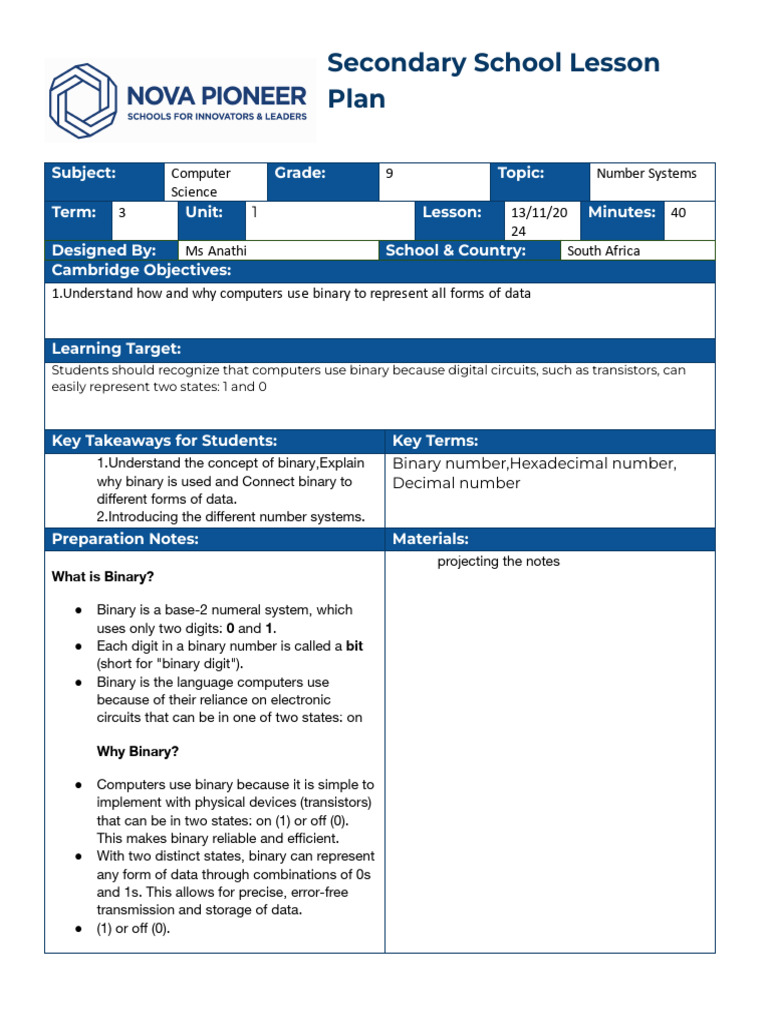 Anathi Lesson Plan Number Systems | PDF | Encodings | Computing