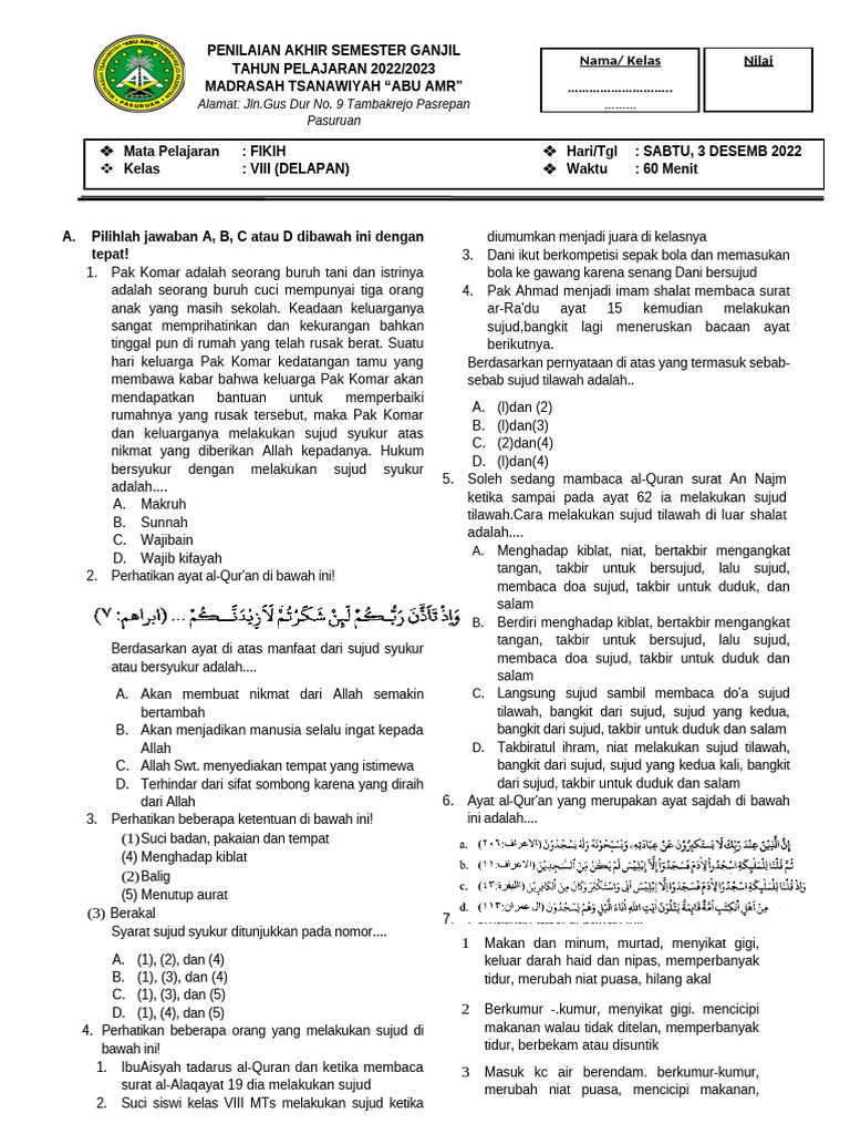 Pas Ganjil 2022 Fiqih Kelas | PDF