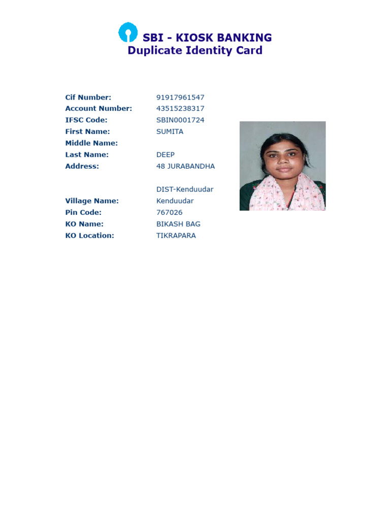 SBI Kiosk Banking Identity Card Details | PDF