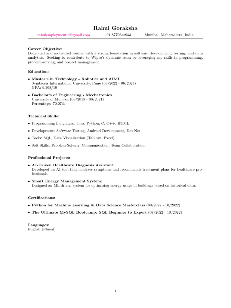 Rahul Goraksha Resume Wipro | PDF