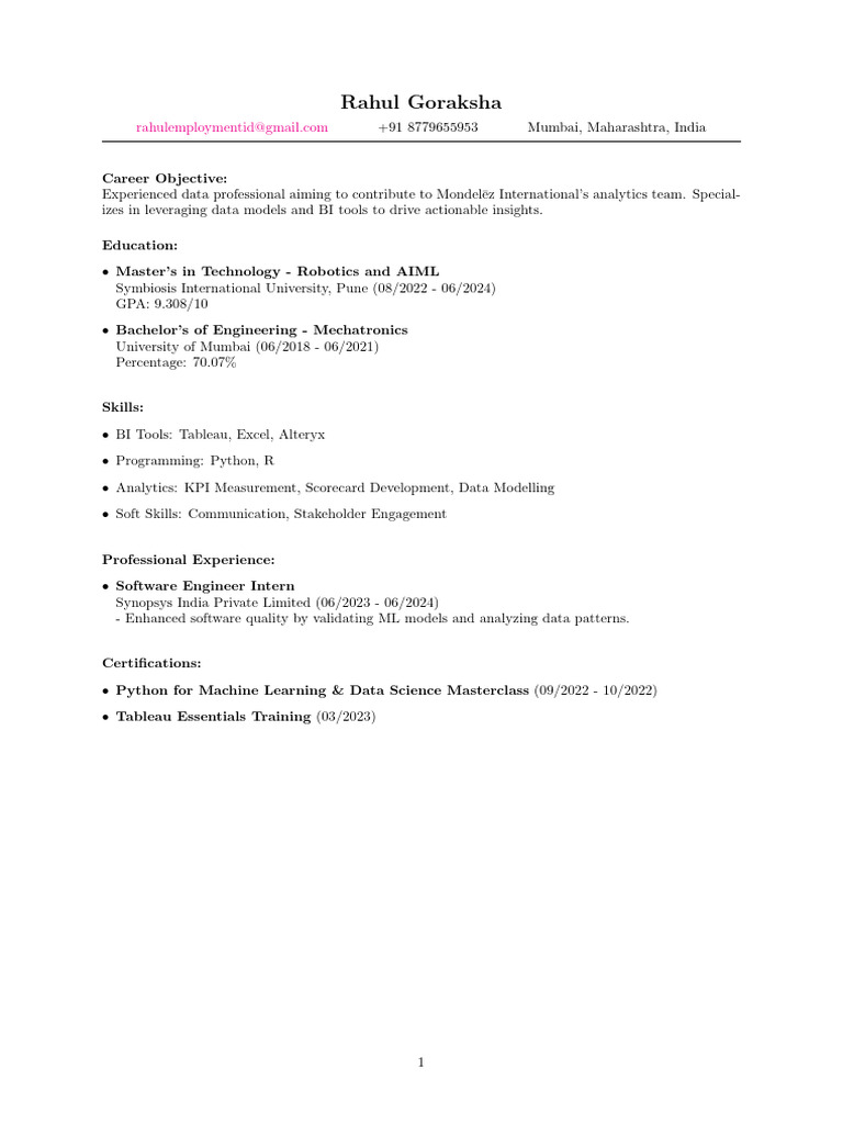 Rahul - Goraksha - Resume - Mondlez International | PDF