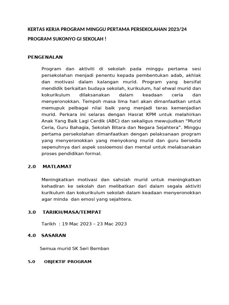 KERTAS KERJA PROGRAM MINGGU PERTAMA PERSEKOLAHAN 2023.docx Zay | PDF