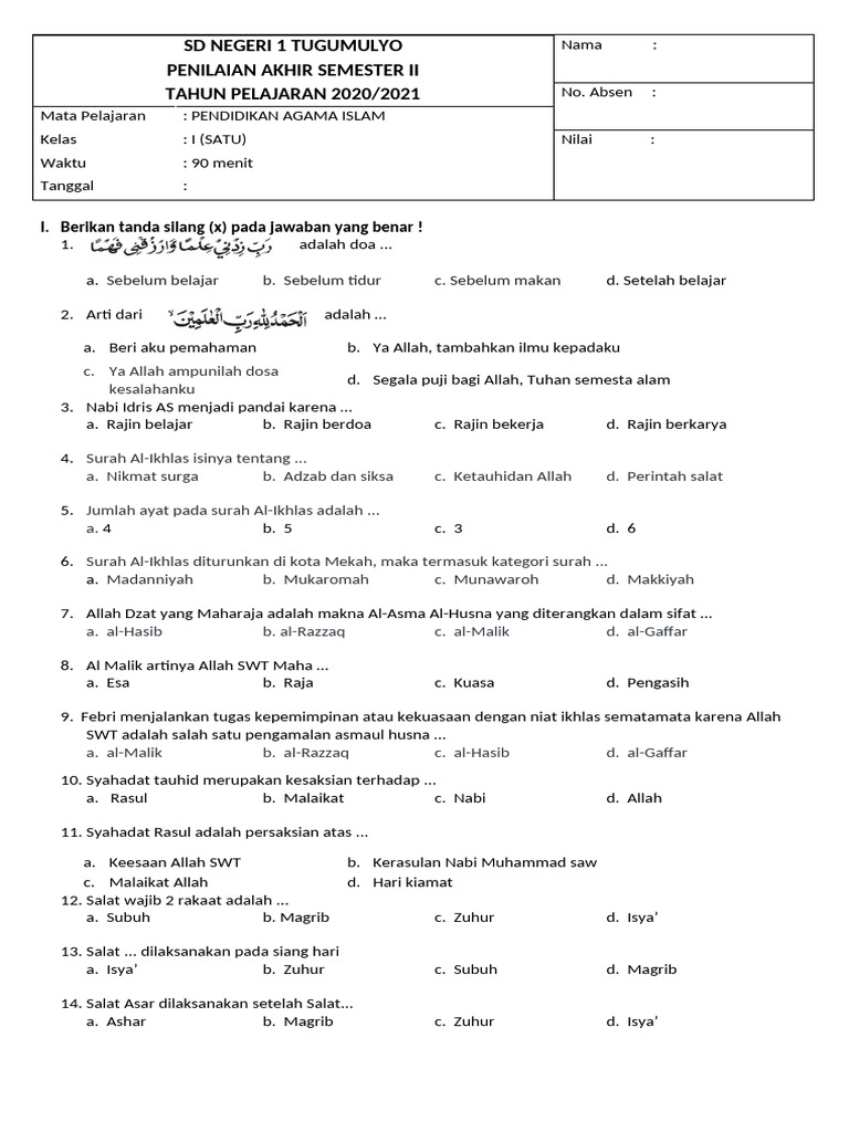 SOAL PAS PAI SD KELAS 1 Sem 2 | PDF | Agama & Spiritualitas