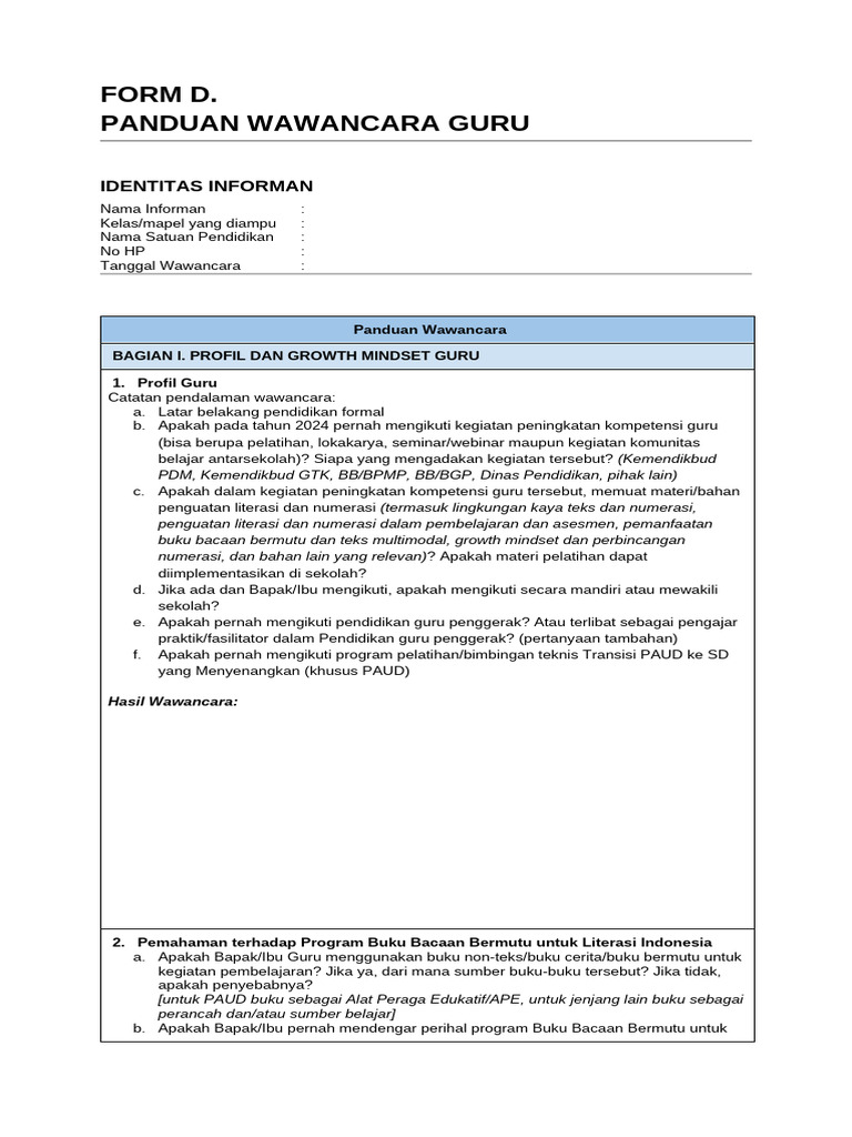 Panduan Wawancara Guru Literasi dan Numerasi | PDF | Karier & Perkembangan