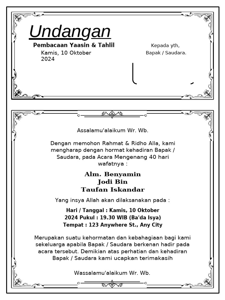 Putih Hitam Minimalis Klasik Undangan Yasin Dan | PDF