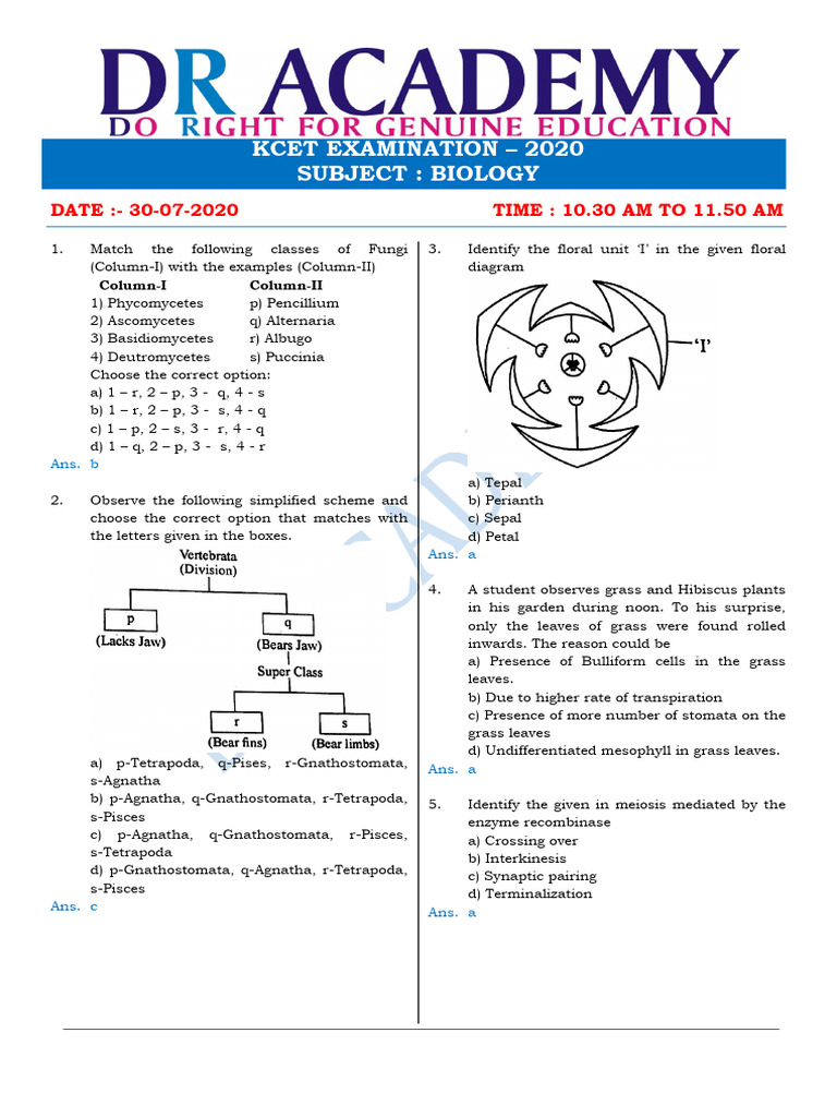 KCET 2020 Biology Exam Questions | PDF | Gene | Operon