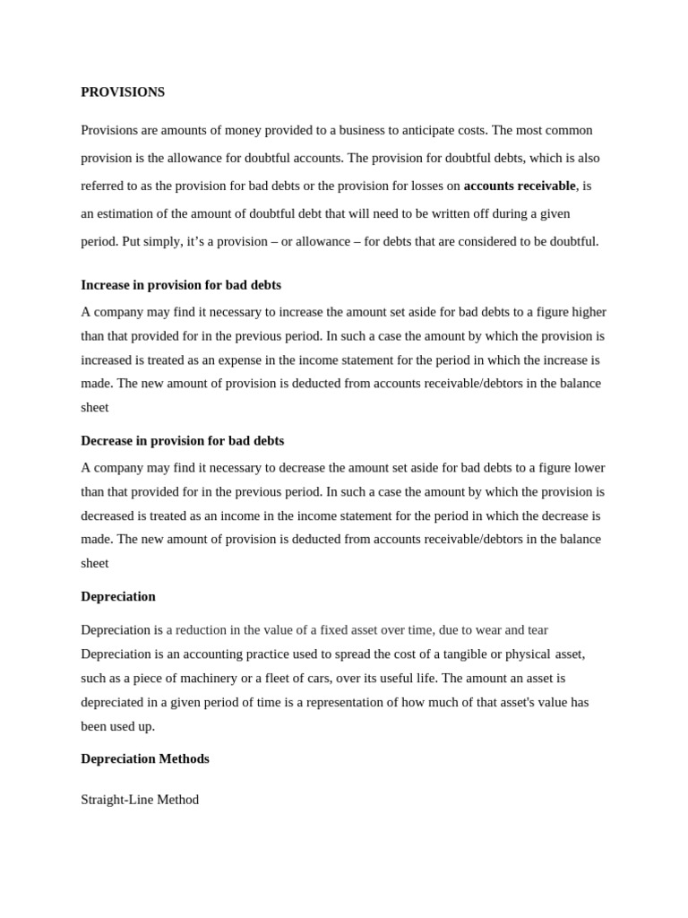 PROVISIONS | PDF | Depreciation | Bad Debt
