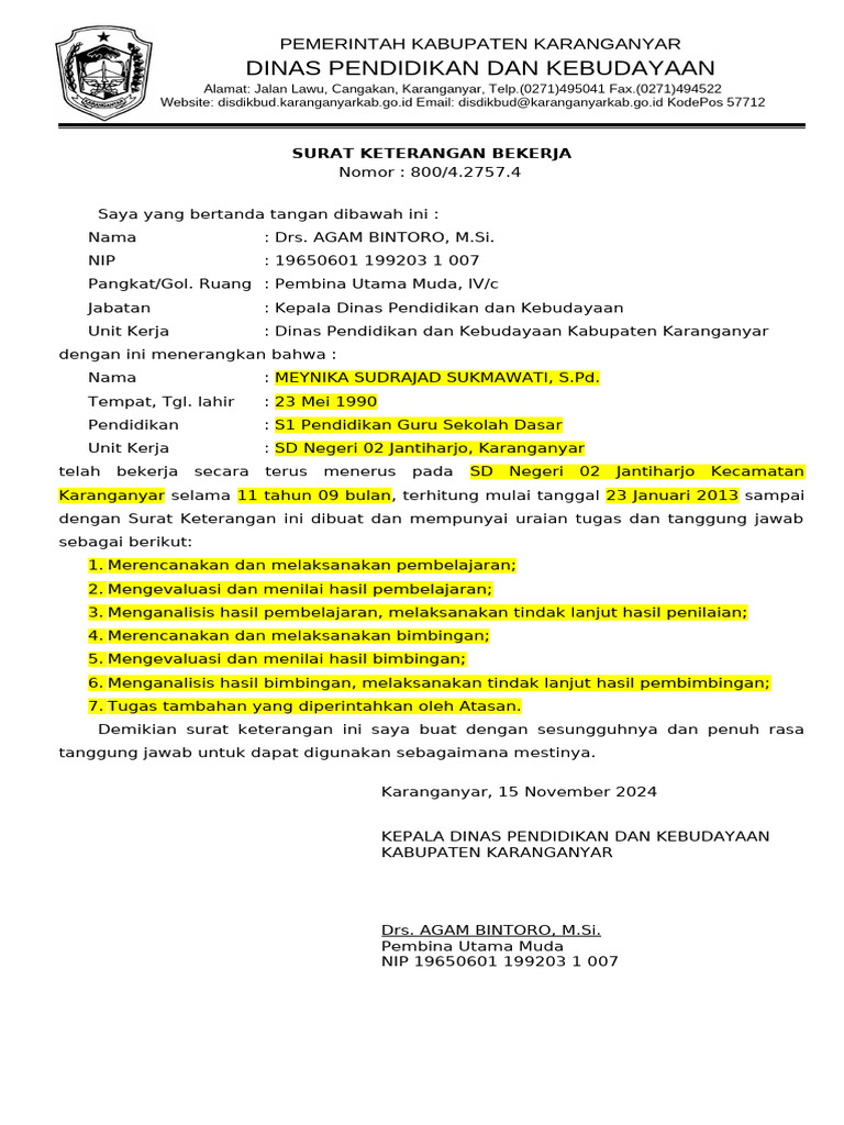 Contoh Suket Bekerja Dan Aktif Bekerja | PDF