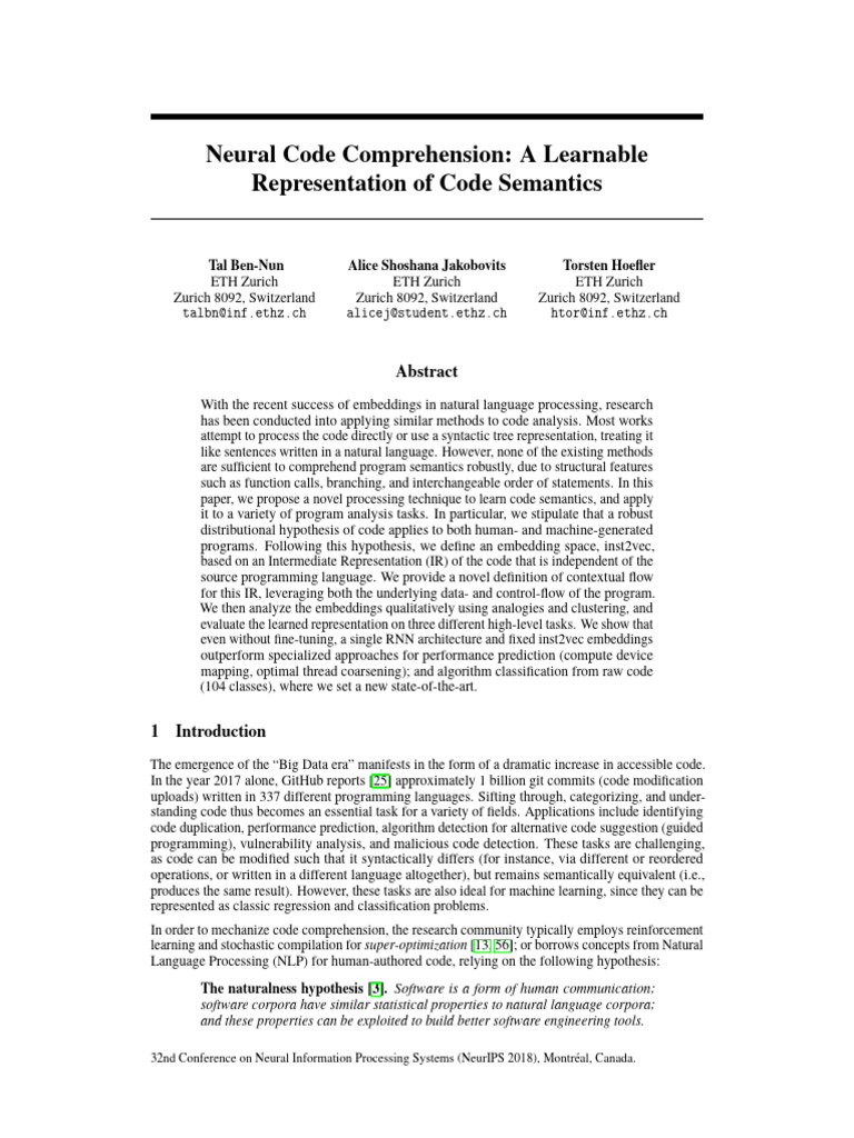 2018-NeurIPS-Neural Code Comprehension - A Learnable Representation of Code Semantics | PDF ...