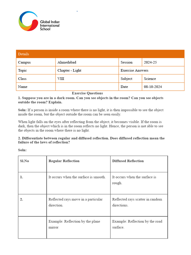G 8 Light Exercise Answers | PDF | Reflection (Physics) | Mirror