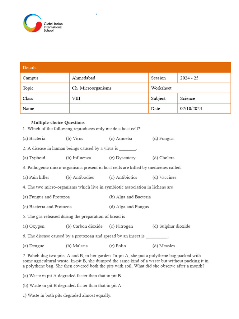 Class VIII Science: Microorganisms Worksheet | PDF | Microorganism ...