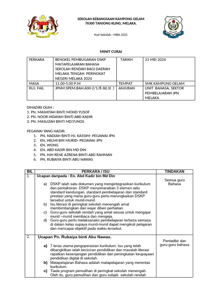 Minit Curai Pembugaran DSKP Bahasa 2024 | PDF