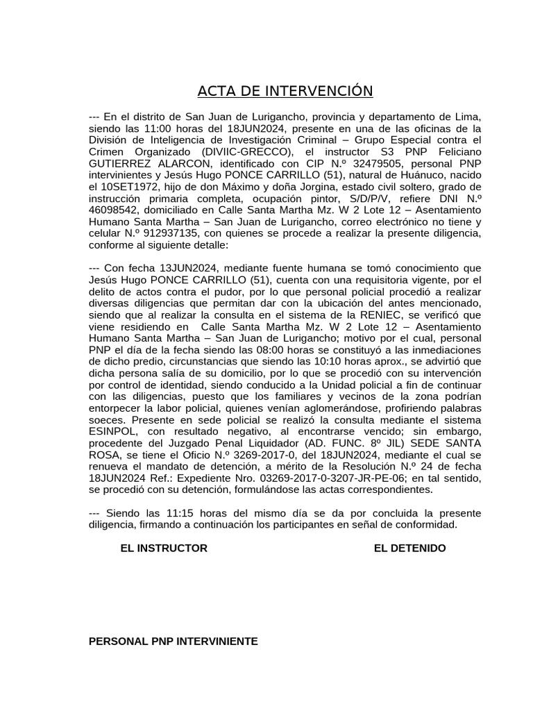 Acta de Intervención | PDF | Justicia | Crimen y violencia