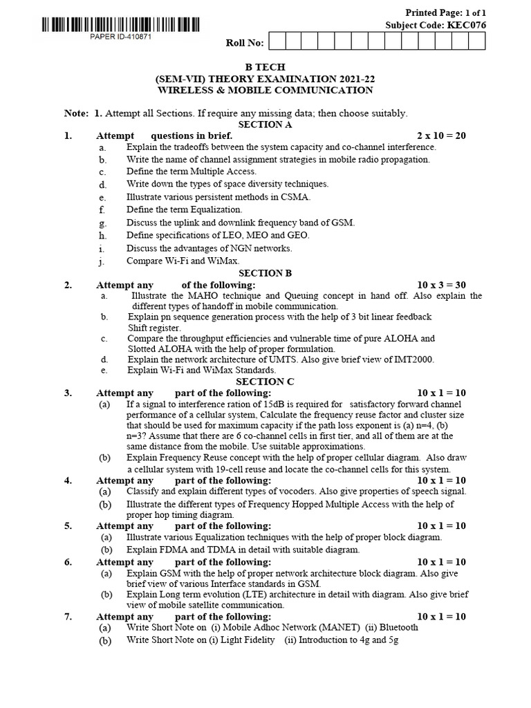 Btech Ec 7 Sem Wireless and Mobile Communication Kec076 2022 | PDF | Cellular Network | Radio