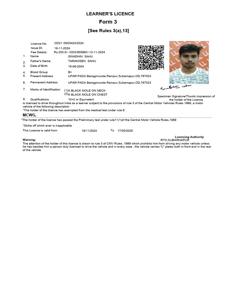 Form 3: Learner'S Licence | PDF