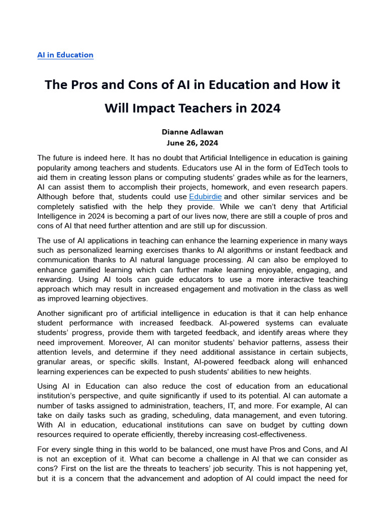 Article 1 - The Pros and Cons of AI in Education and How It Will Impact ...