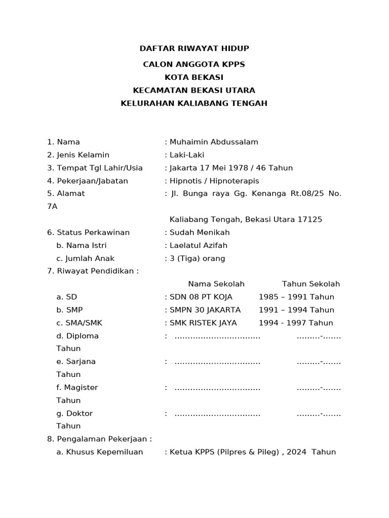 Daftar Riwayat Hidup KPPS | PDF