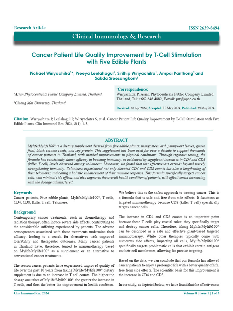 Cancer Patient Life Quality Improvement by Tcell Stimulation With Five ...