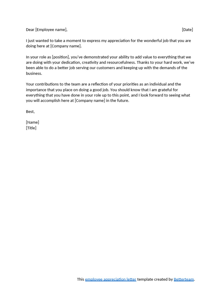 Employee Appreciation Letter Template | PDF | Career & Growth | Business