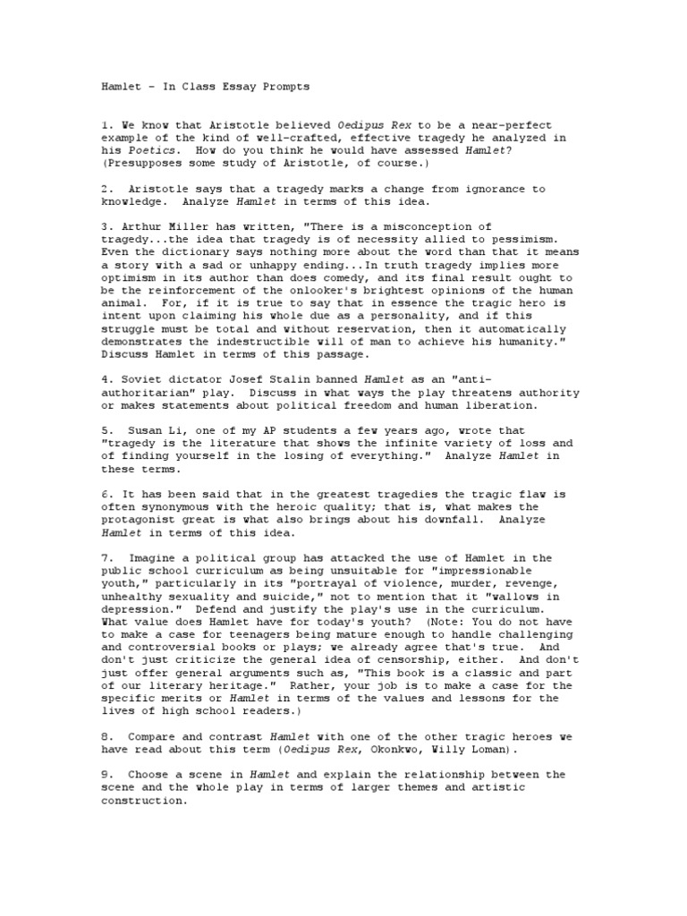 Hamlet - in Class Essay Prompts | PDF | Tragedy | Hamlet