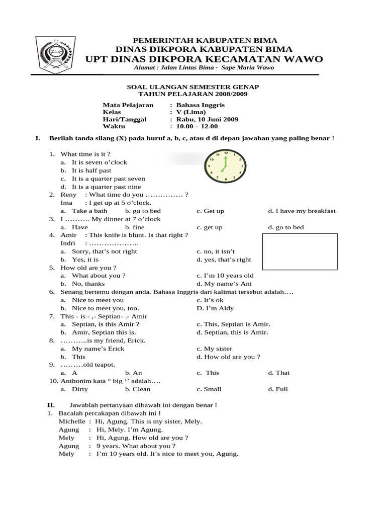 Soal Bahasa Inggris SD | PDF