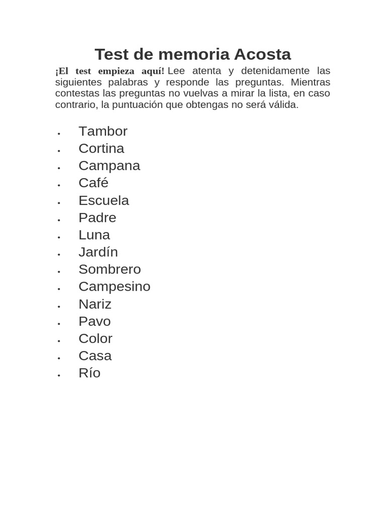 Test de Memoria: Evaluación y Respuestas | PDF | Artes del Lenguaje y ...