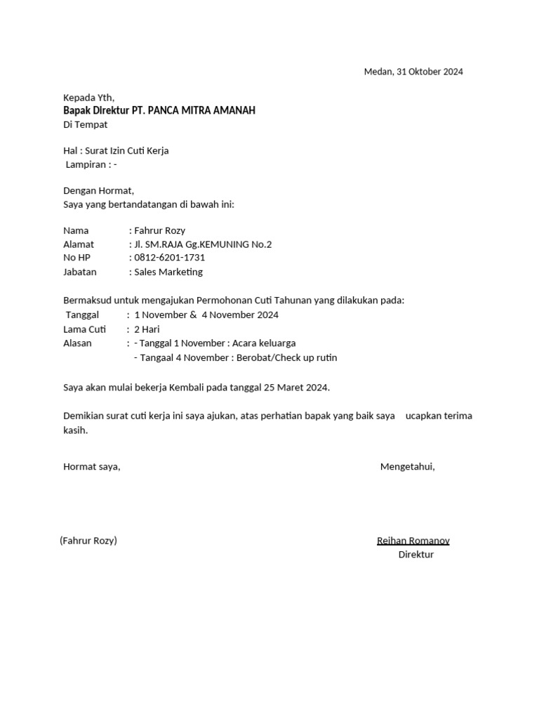 Surat Permohonan Cuti Nikah Dan Cuti Kerja Rozy | PDF