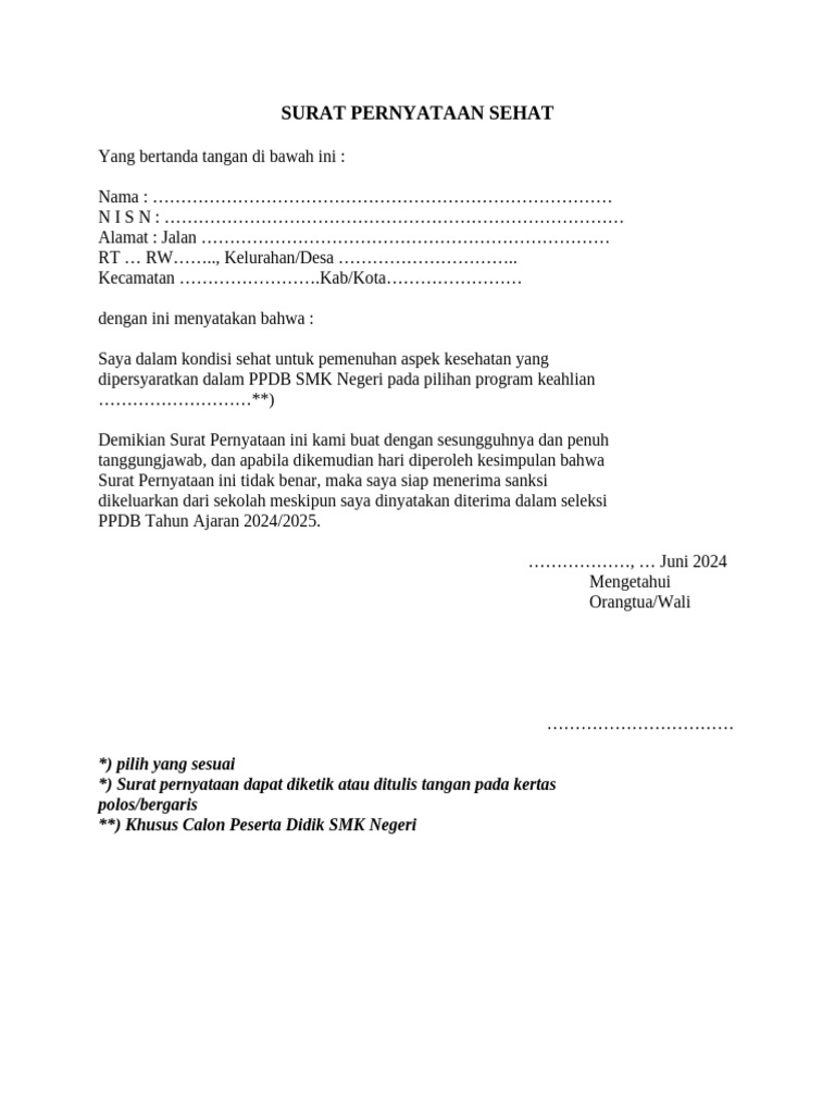 Surat Pernyataan Sehat | PDF