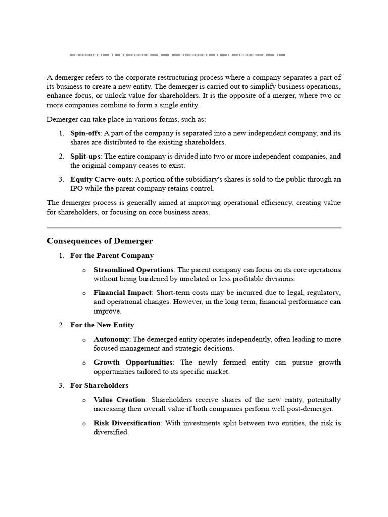 The Concept of Demerger and Its Consequences | PDF | Mergers And ...